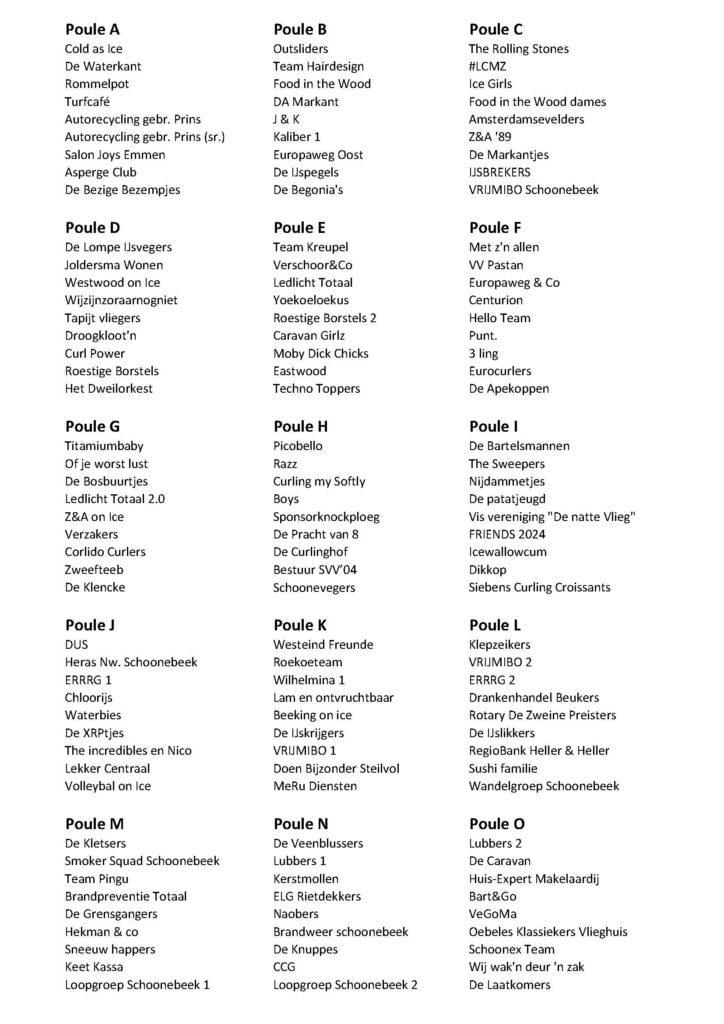 Poule-indeling en speelschema curling – Stichting Horeca Pallertplein
